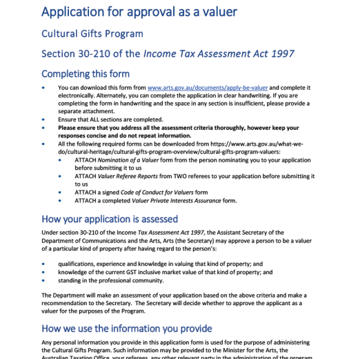 Cultural Gifts Program valuers | Office for the Arts